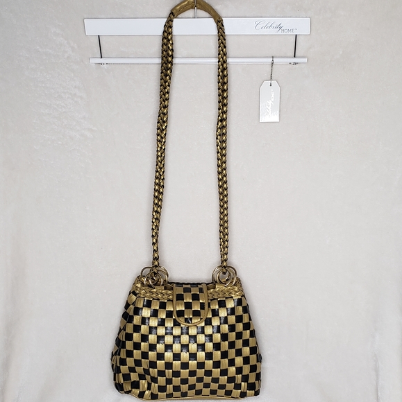 Bags | Gold And Black Woven Checkered Handbag | Poshmark